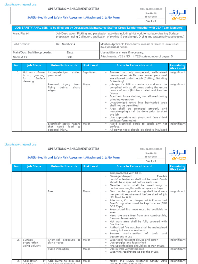 9.JSA For Pickling and Passivation | PDF | Personal Protective Equipment | Housekeeping