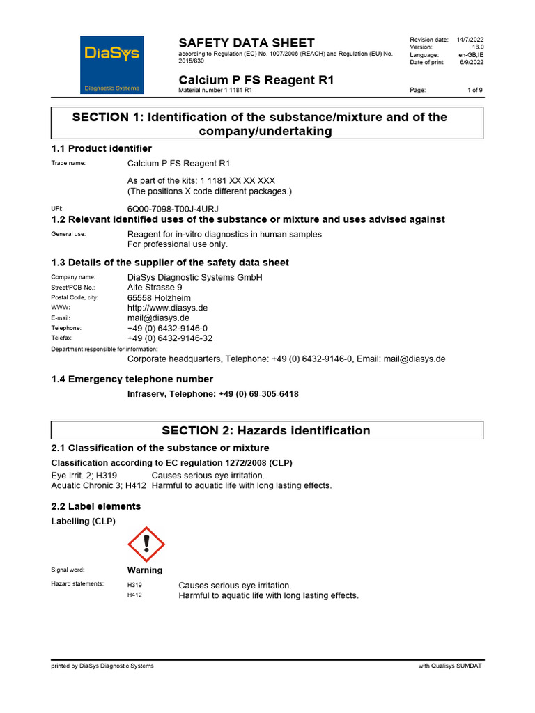 Calcium P FS Reagent R1 Safety Data Sheet | PDF | Dangerous Goods ...