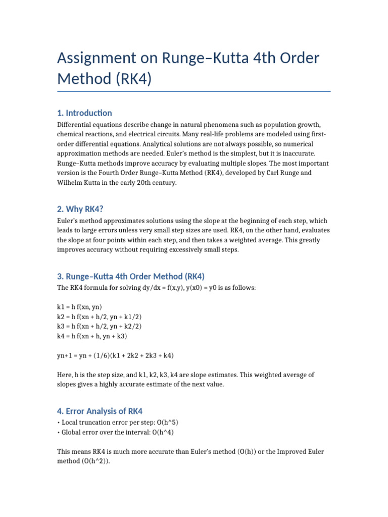 Runge Kutta 4th Order Assignment | PDF | Equations | Differential Equations