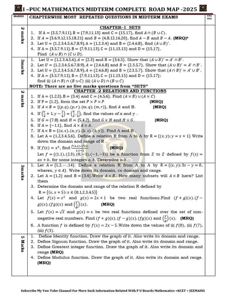 I - Puc Maths Midterm Road Map | PDF | Line (Geometry) | Function ...