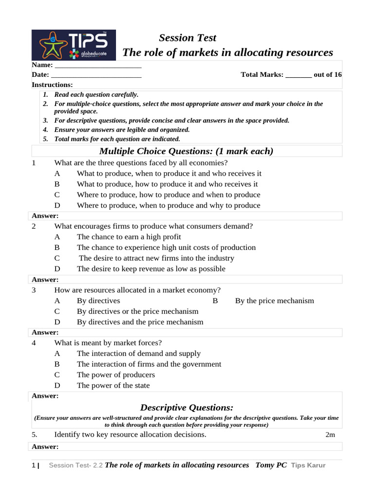 Chapter 6 - The Role of Markets in Allocating Resources - Class Test ...