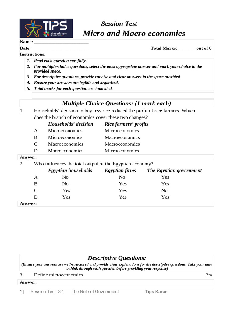 Economics Session Test: Micro & Macro | PDF | Microeconomics ...