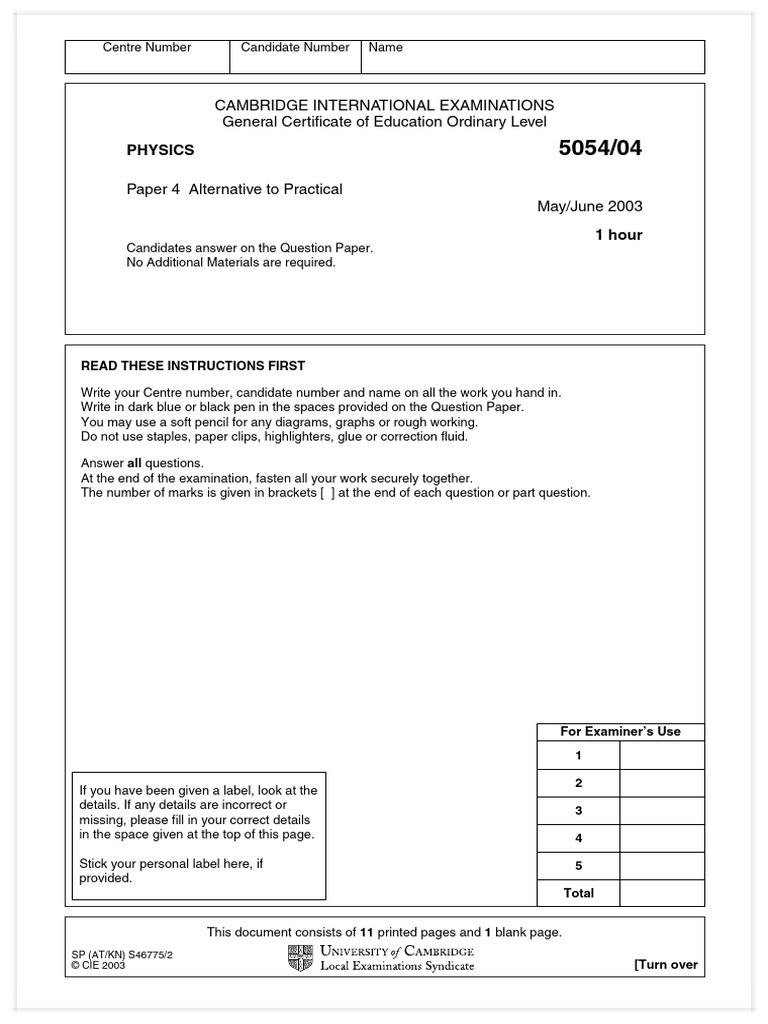 Cambridge O Level Physics Paper 4 Exam | PDF | Voltage | Thermometer