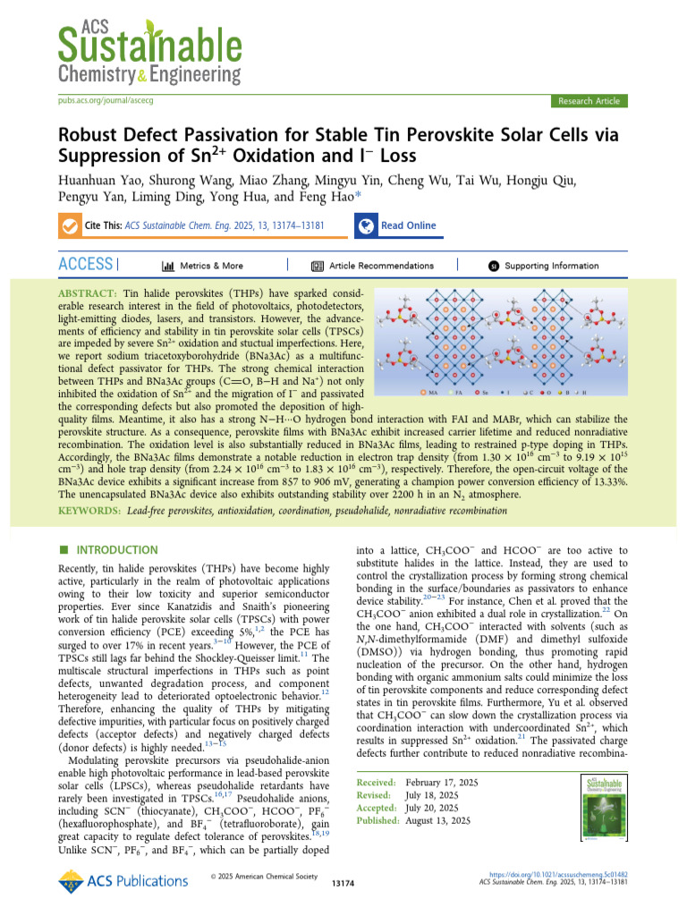 Yao Et Al 2025 Robust Defect Passivation For Stable Tin Perovskite ...