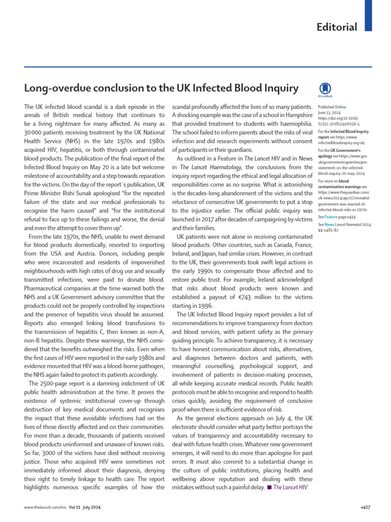 Long Overdue Conclusion To The UK Infected Blood I | PDF | Blood ...