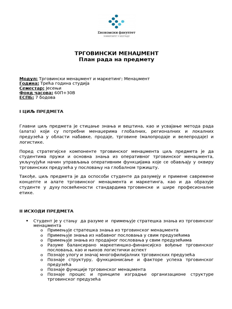 Plan Rada Na Predmetu Trgovinskimenadzment 2022 | PDF