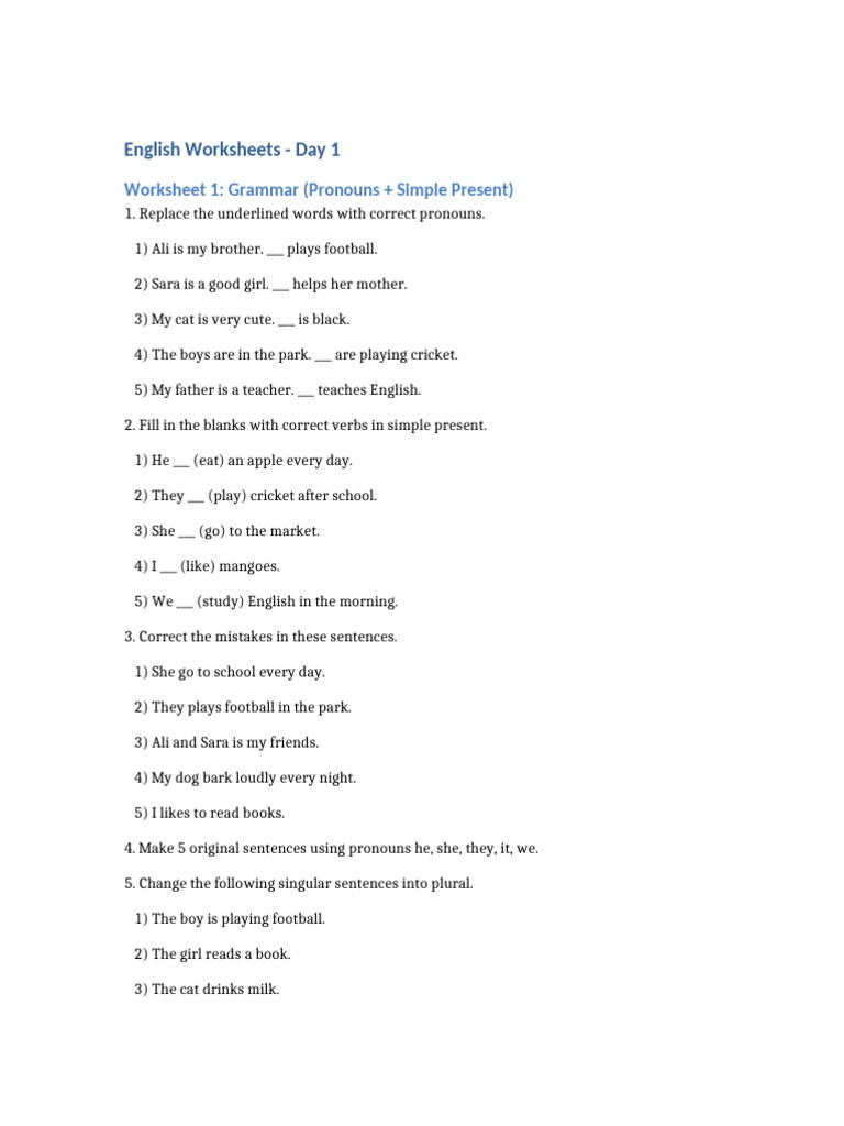 Day 1 English Homework Practice | PDF | English Language | Grammatical ...