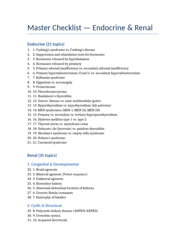 Endocrine and Renal Master Checklist | PDF | Kidney | Kidney Disease