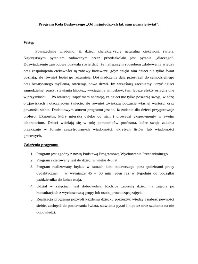 Program Koła Badawczego PM 49 | PDF