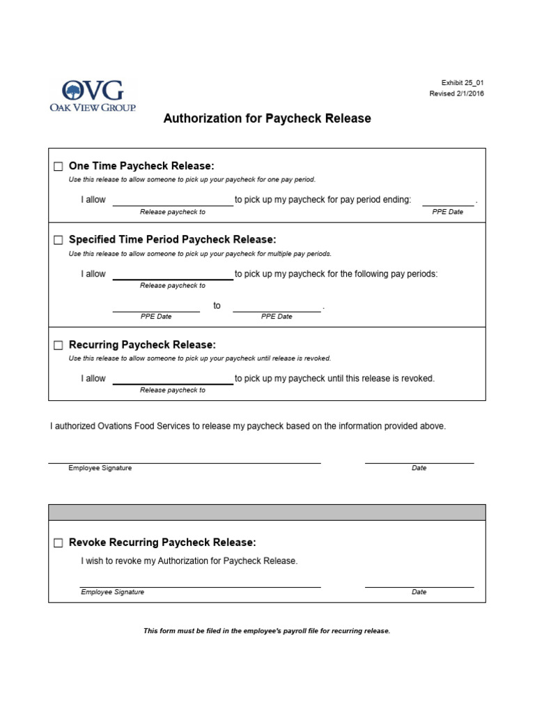 Authorization for Paycheck Release Form | PDF