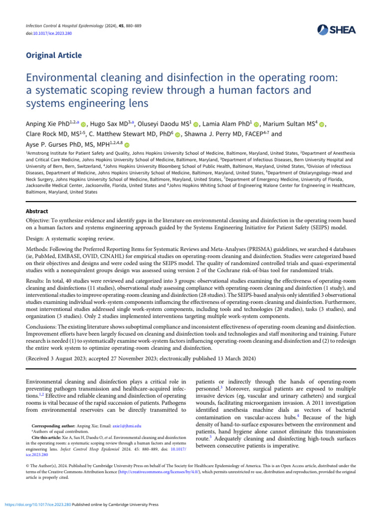 Operating Room Cleaning Review: Human Factors | PDF | Systematic Review ...