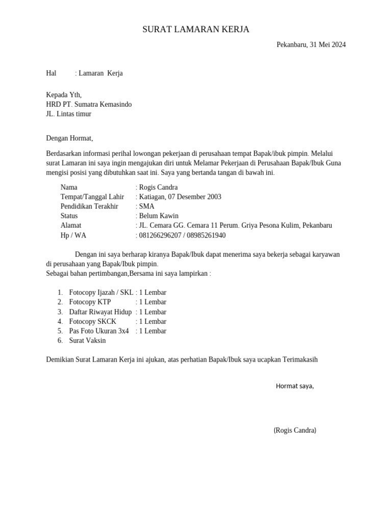 Surat Lamaran Kerja Rogis Candra | PDF