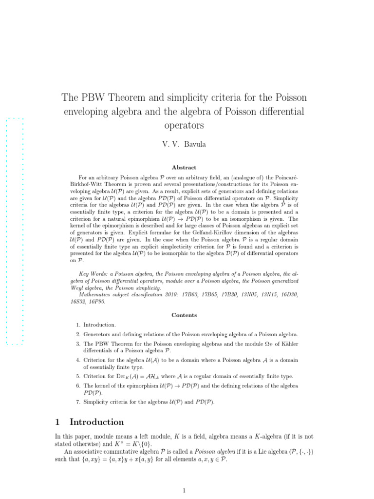 PBW Theorem for Poisson Algebras | PDF | Field (Mathematics) | Lie Algebra