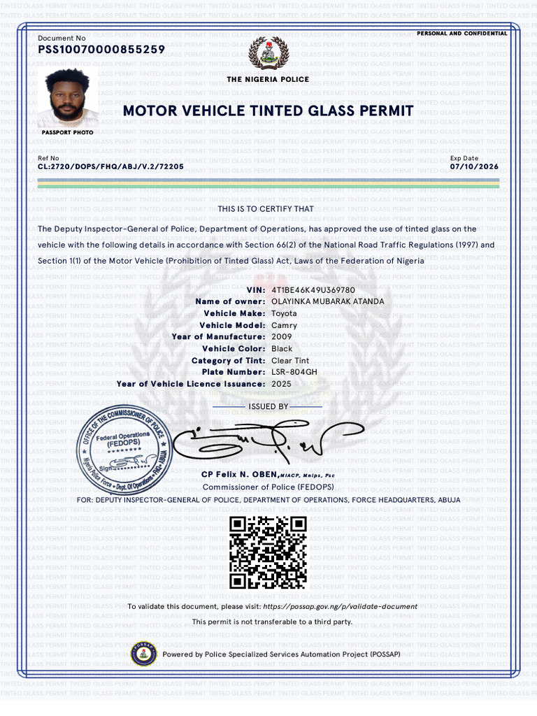 Nigeria Tinted Glass Permit Details | PDF