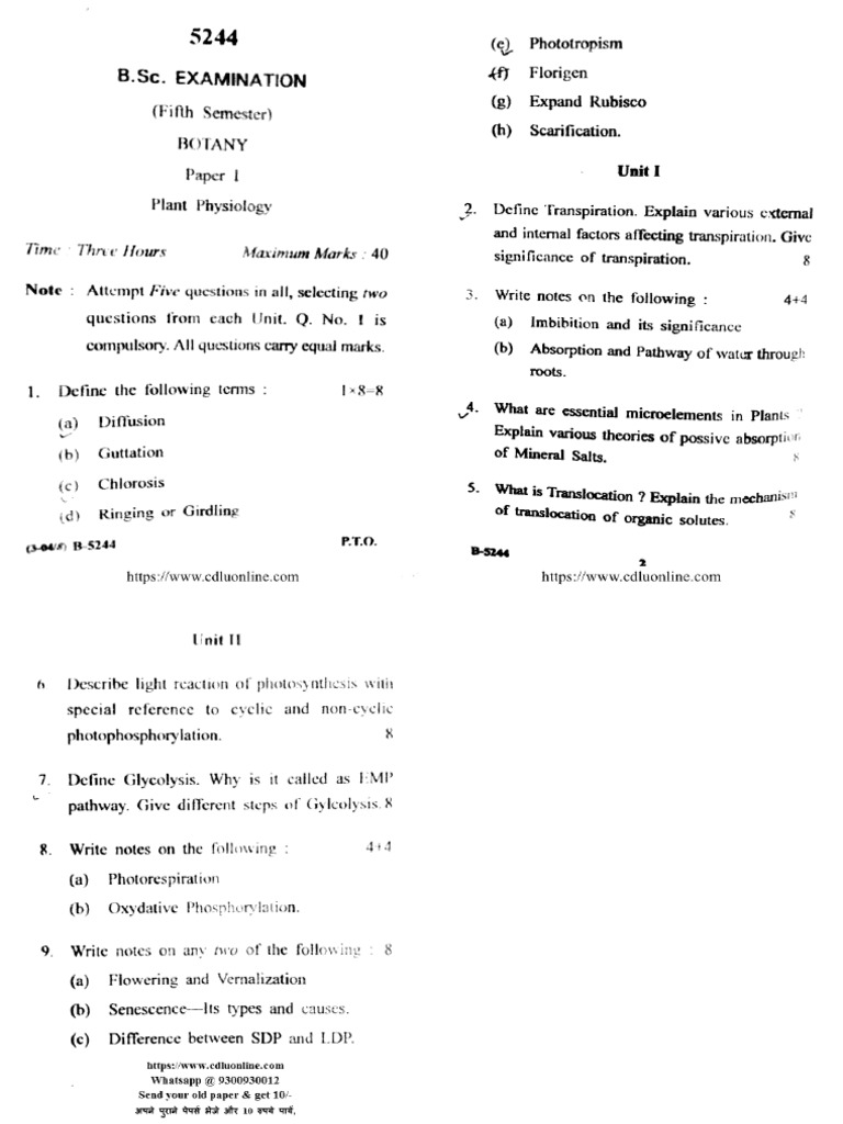 BSC 5 Sem Botany Plant Physiology 5244 Jan 2023 | PDF