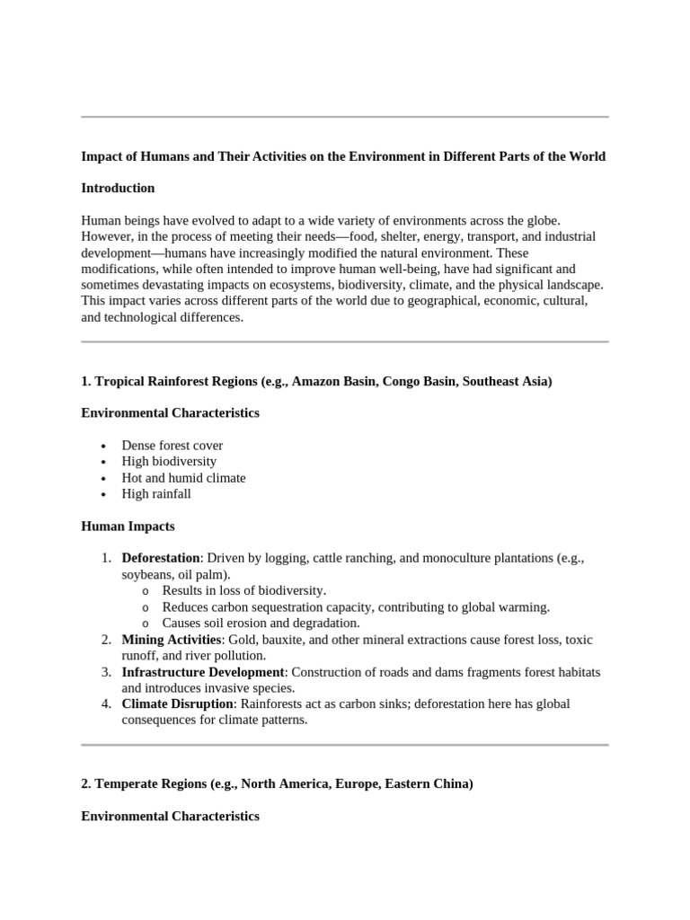 Impact of Humans and Their Activities On The Environment in Different ...