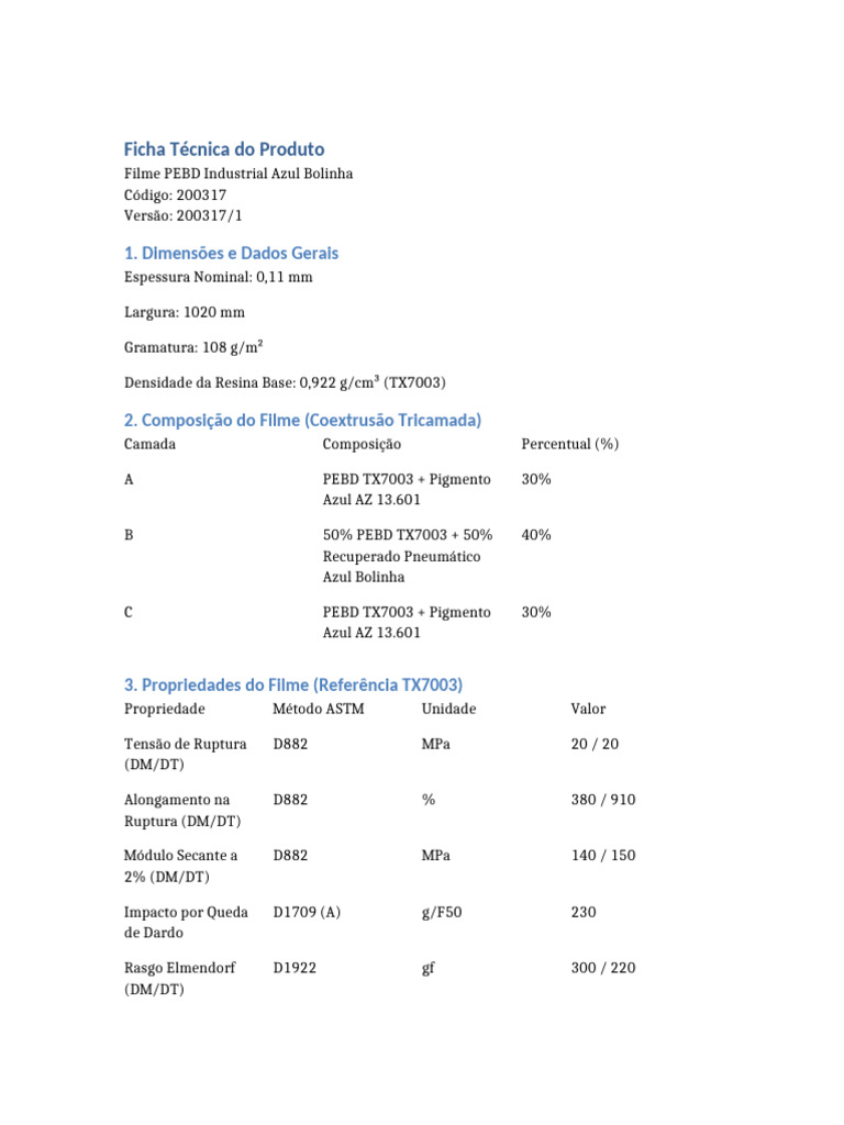 Ficha Tecnica TX7003 Filme PEBD 200317 | PDF | Engenharia Mecânica ...