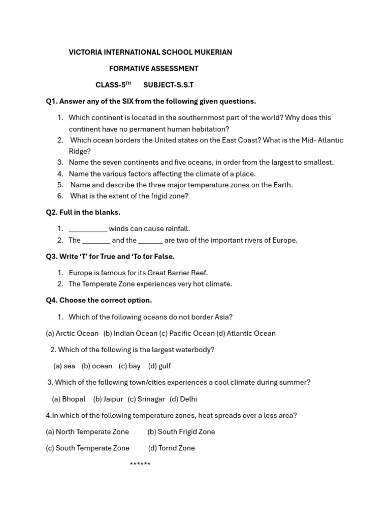 Class 5 S.S.T Formative Assessment Guide | PDF