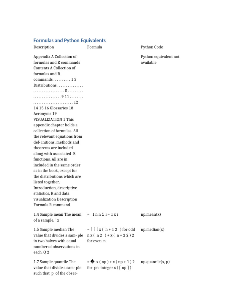 Formulas and Python Code Equivalents | PDF | Quartile | Quantile