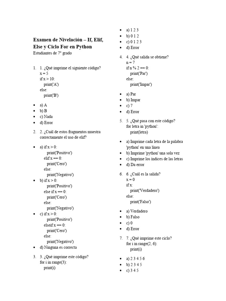 Examen Nivelacion If Else For | PDF | Python (lenguaje de programación) | Programación de ...