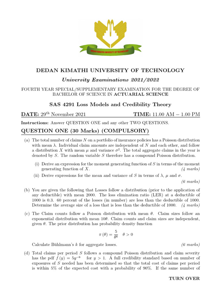 SAS 4291 Credibility Theory and Loss Models | PDF | Estimator | Variance