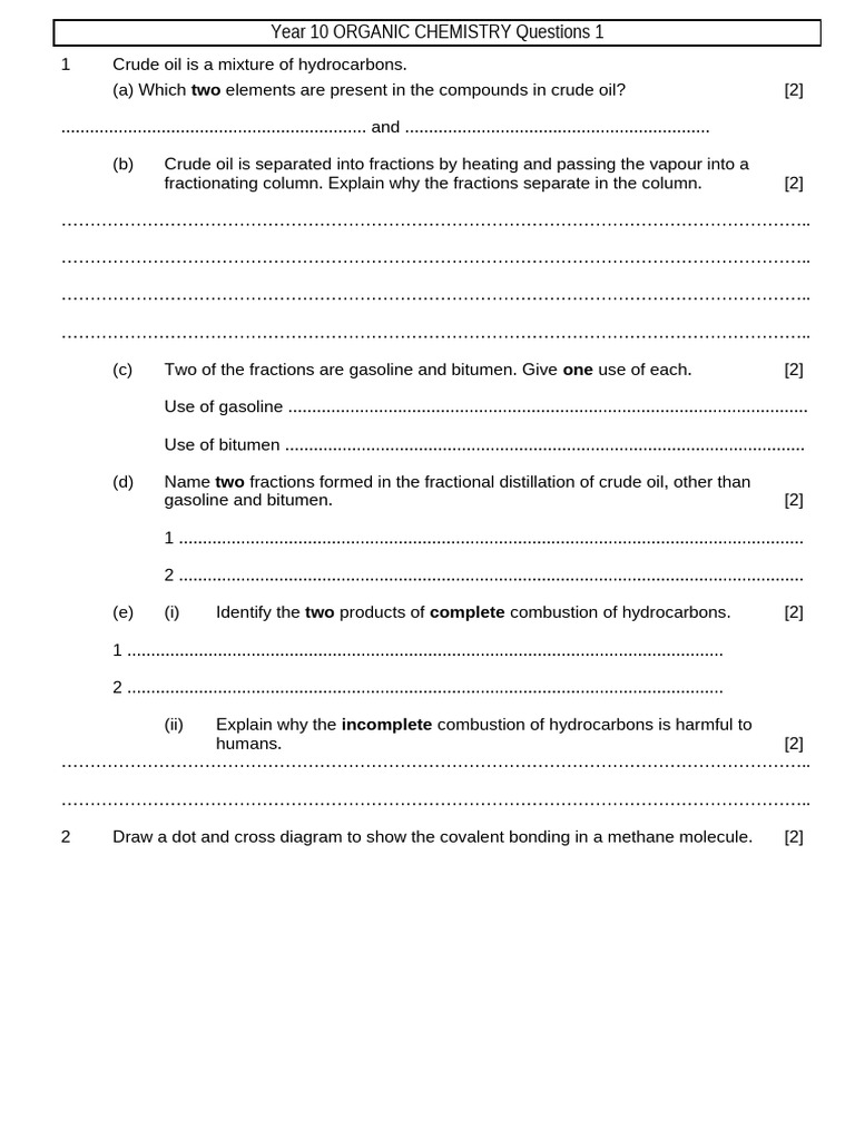 Year 10 Organic Chemistry Questions | PDF | Alkene | Alkane