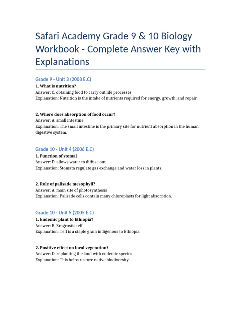 Grade 9 & 10 Biology Workbook Answers | PDF