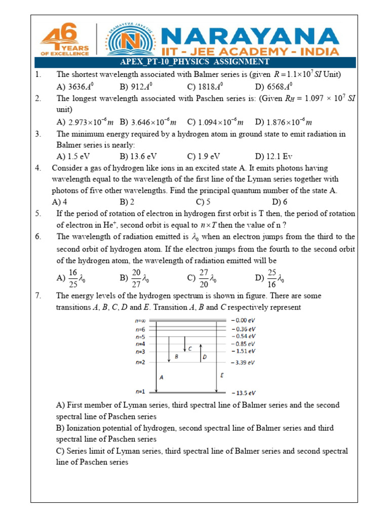 Apex Jeemain 2026 Physics Pt-10 Assignment F | PDF | Emission Spectrum ...