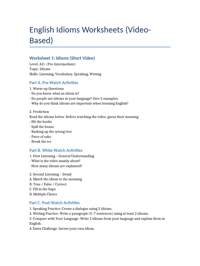 English Idioms Worksheets | PDF