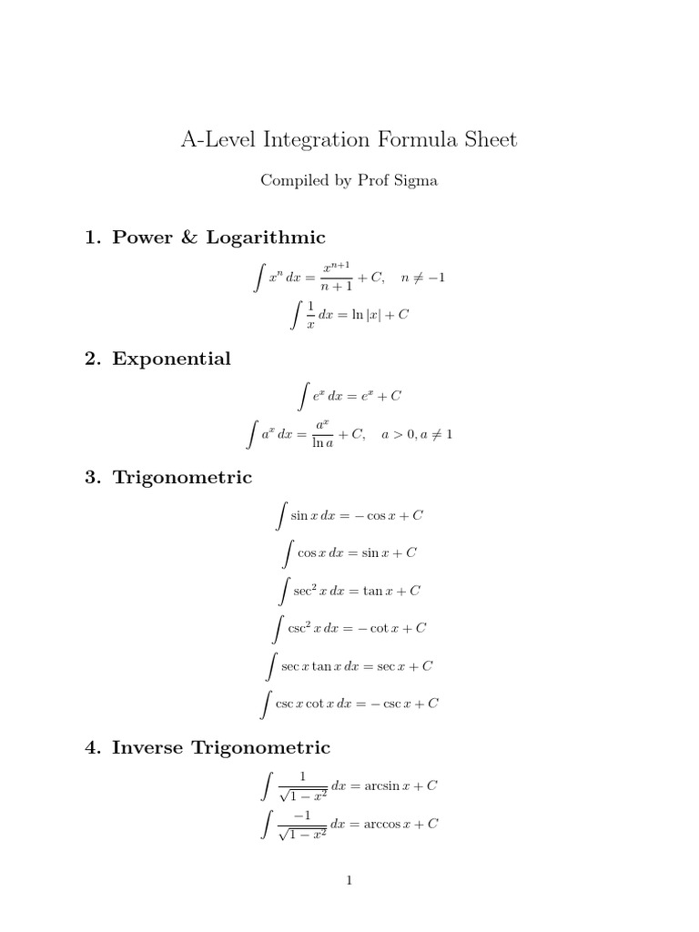 A-Level Integration Formula Guide | PDF | Trigonometric Functions ...