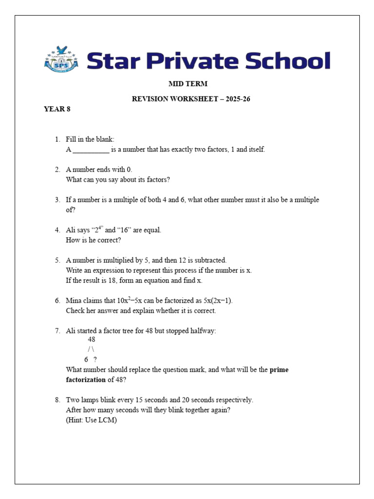 Year 8 Mid Term Math Revision Worksheet | PDF