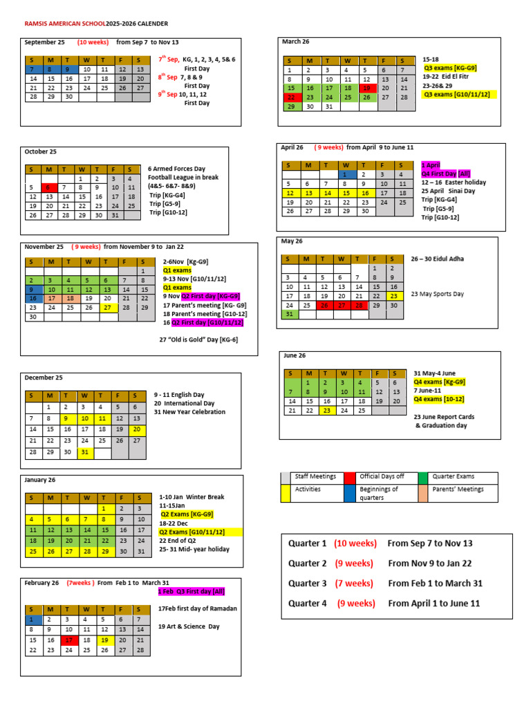 Ramsis American School 2025-2026 Calendar | PDF