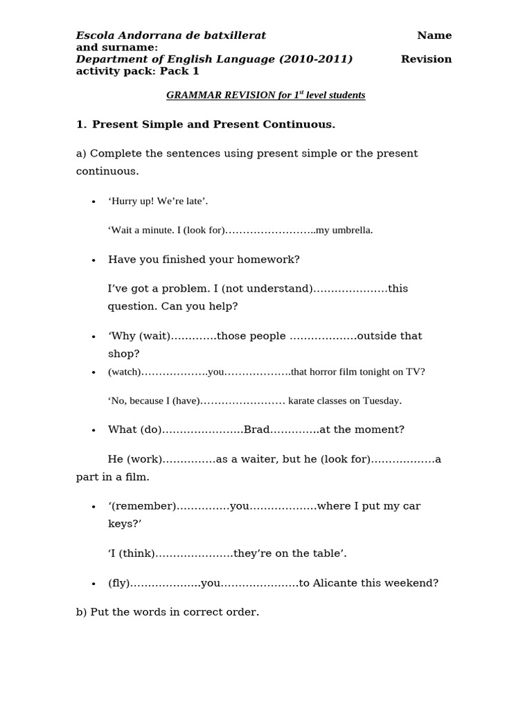 Grammar Revision Pack for English Students | PDF