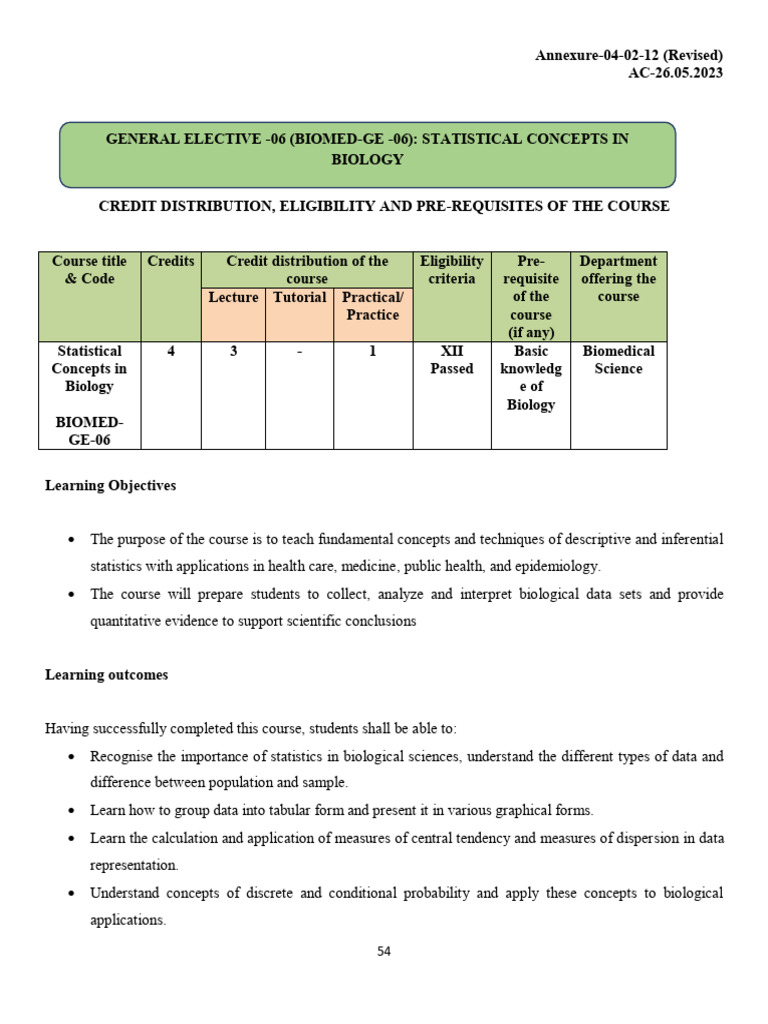 2 BMS GE 2022-26 Statistical Concepts in Biology 2 | PDF | Statistics | Variance