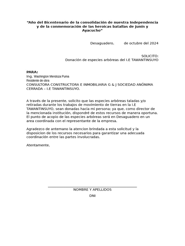 Solicitud de Donación de Árboles I.E TAWANTINSUYO | PDF