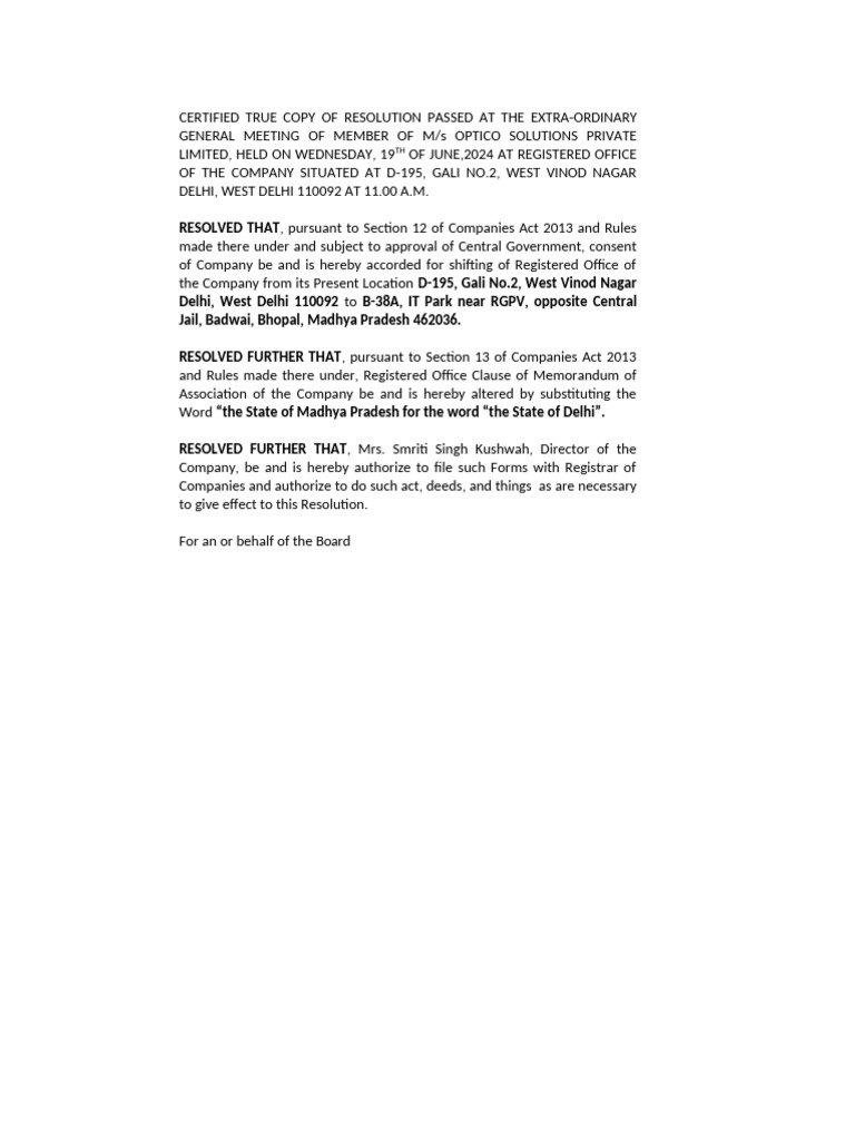Certified True Copy of Resolution Passed at The Extra | PDF