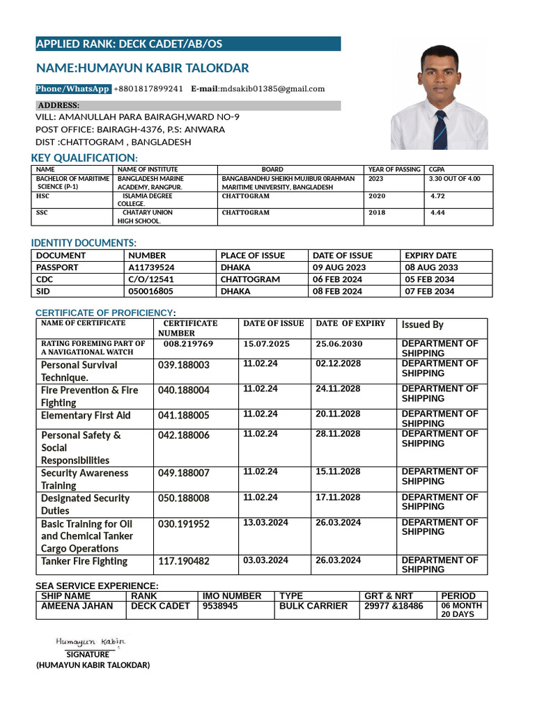 Maritime CV of Humayun Kabir Talokdar | PDF | Ships | Freight Transport