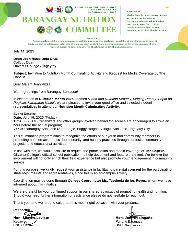 OCT - Invitation To Nutrition Month Culminating Activity and Request ...
