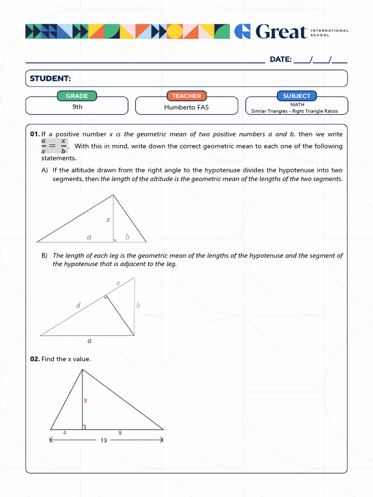 Similar Triangles - Ratios in A Right Triangles | PDF