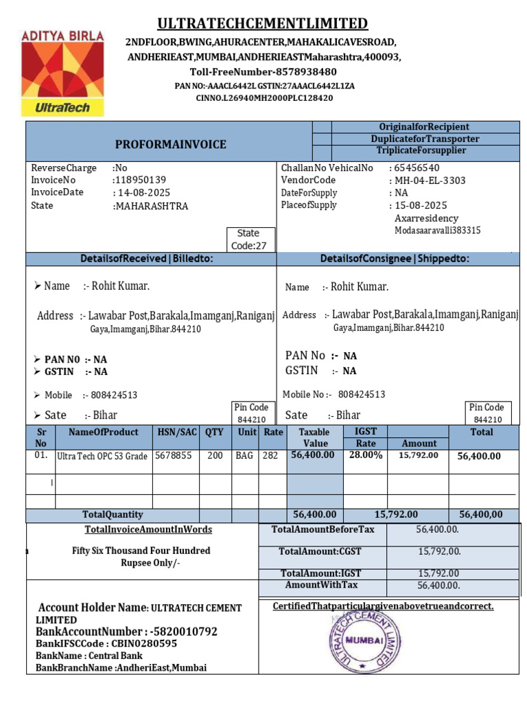 Ultratech Cement Invoice Details | PDF | Sales | Economy Of India