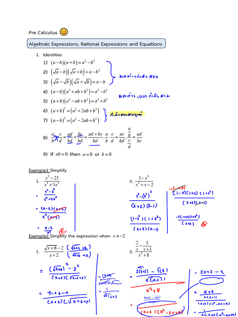 Pre-Calculus: Algebraic Identities & Simplifications | PDF | Equations ...