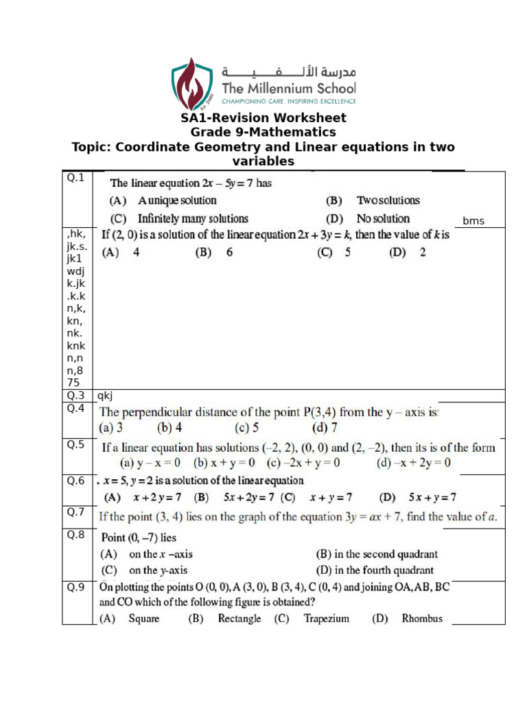 Gr9-SA1 - Revision Worksheet-Coordinate Geometry and Linear Equations ...
