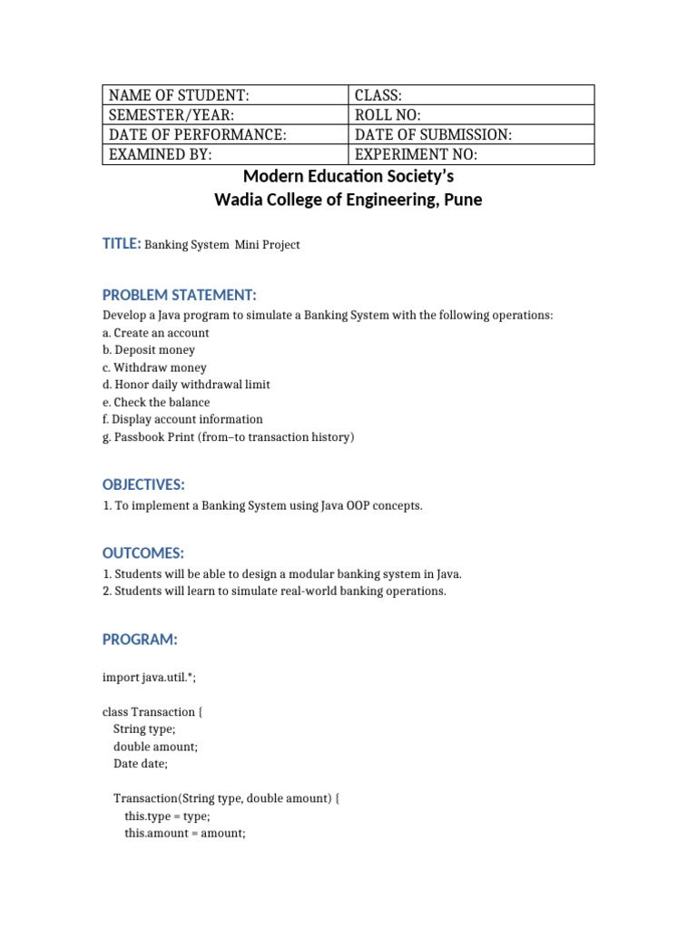 Java Banking System Mini Project | PDF | Passbook | Banks