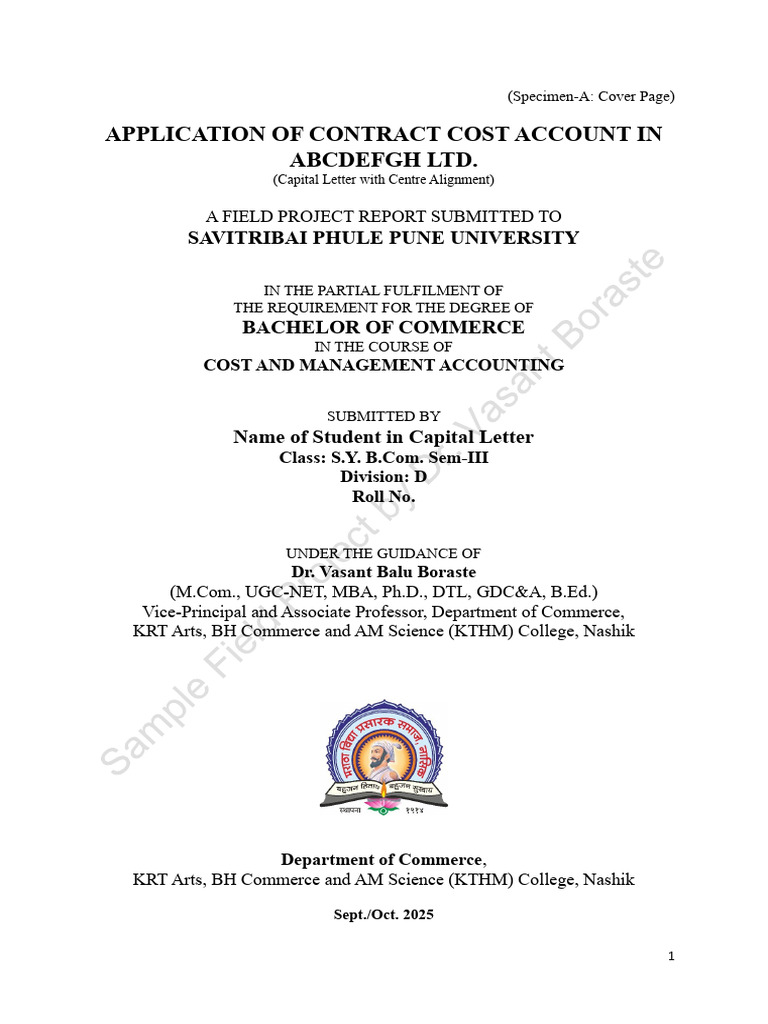 Sample Field Project by Dr. Vasant Boraste | PDF | Cost Accounting ...