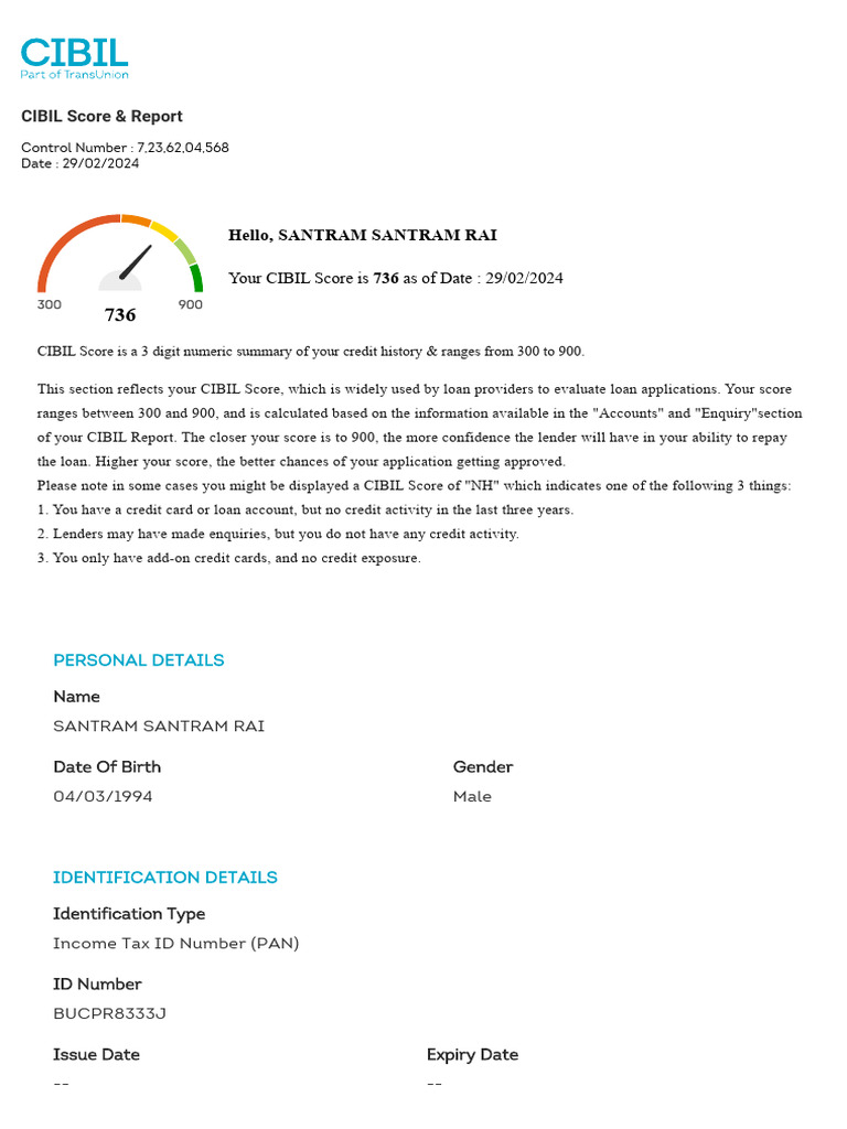 CIBIL Score Report for Santram Rai | PDF | Credit | Finance & Money ...