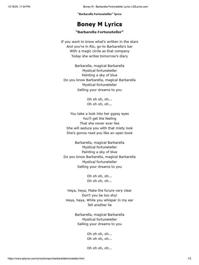 Boney M - Barbarella Fortuneteller Lyrics | PDF | Musicians | Pop Music
