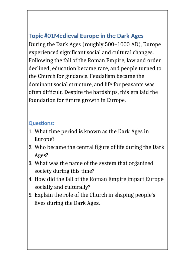 Medieval Europe Dark Ages Summary | PDF