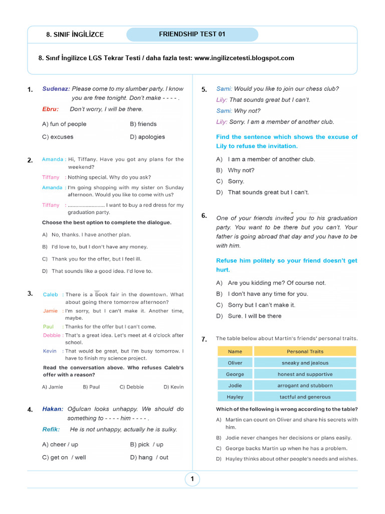 Sinif İngilizce Friendship Test 01 | PDF