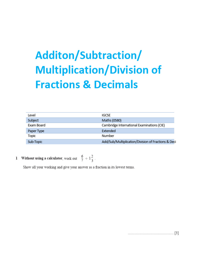 Worksheet 2 - Add Sub Multiplication Division of Fractions Decimals ...