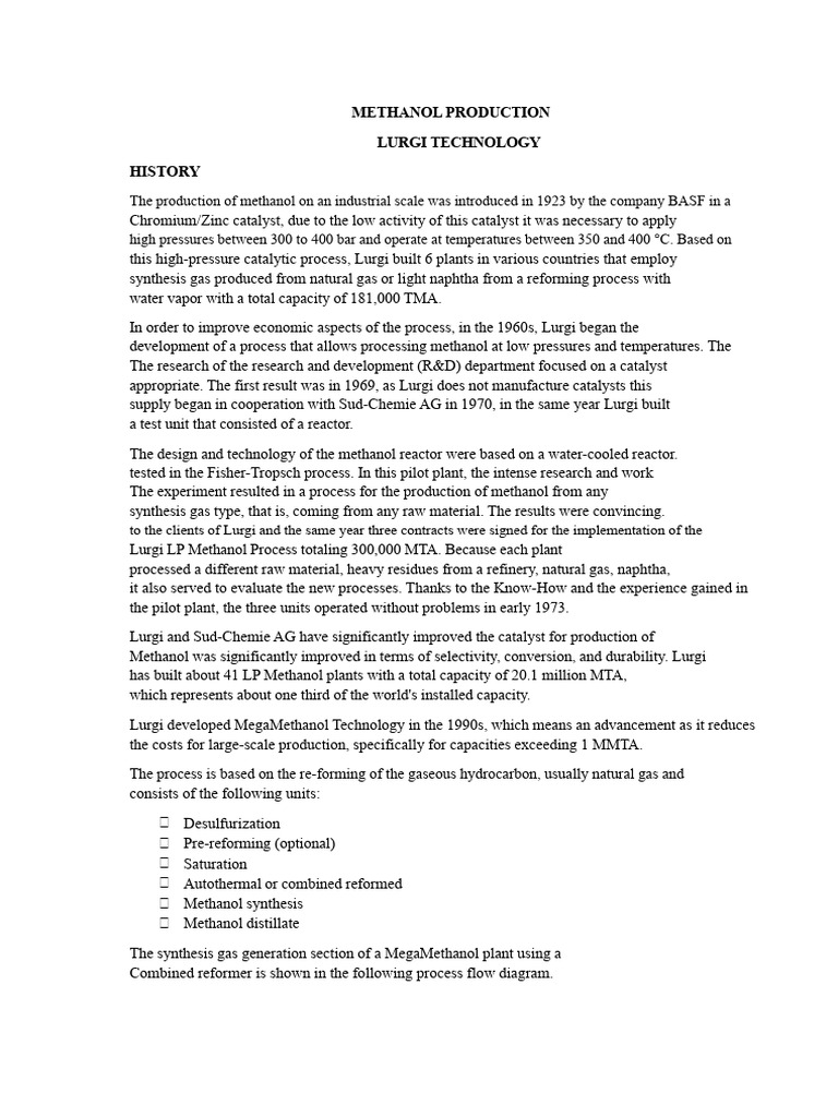 Lurgi Methanol Production Technology | PDF | Combustion | Chemical Reactor